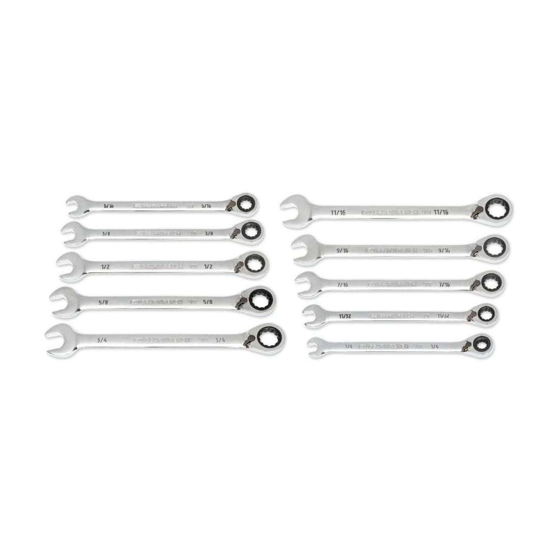 10 Pc. 90T 12 Point SAE Reversible Ratcheting Wrench Set