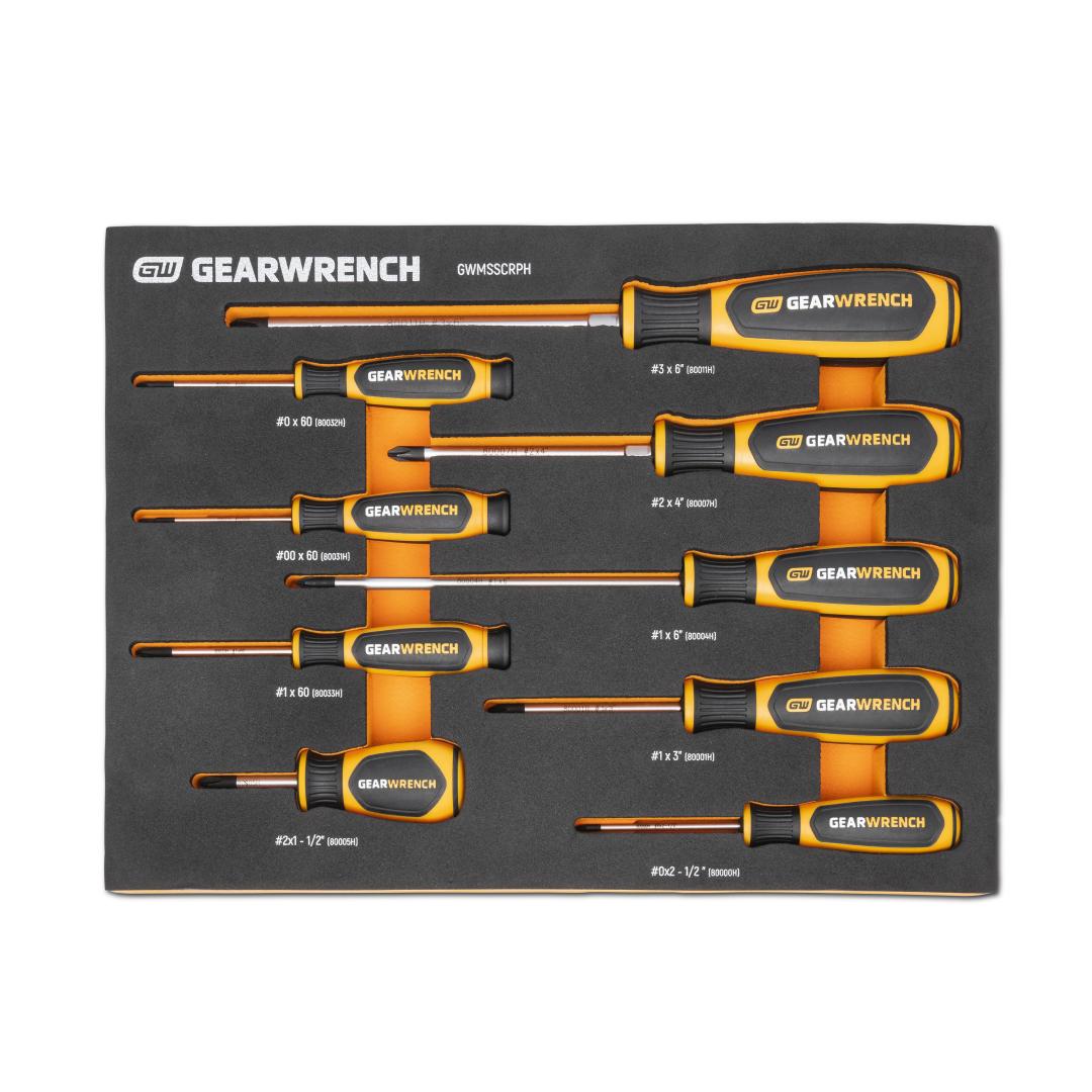9 Pc Phillips Dual Material Screwdriver Set in Foam Tray